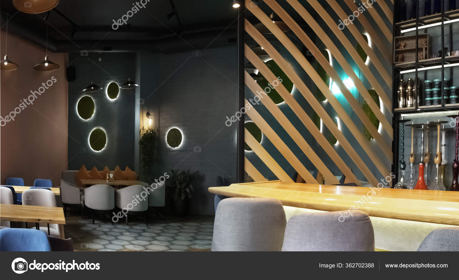 Cozy cafe interior with soft chairs and tables for quick lunch Stock ...