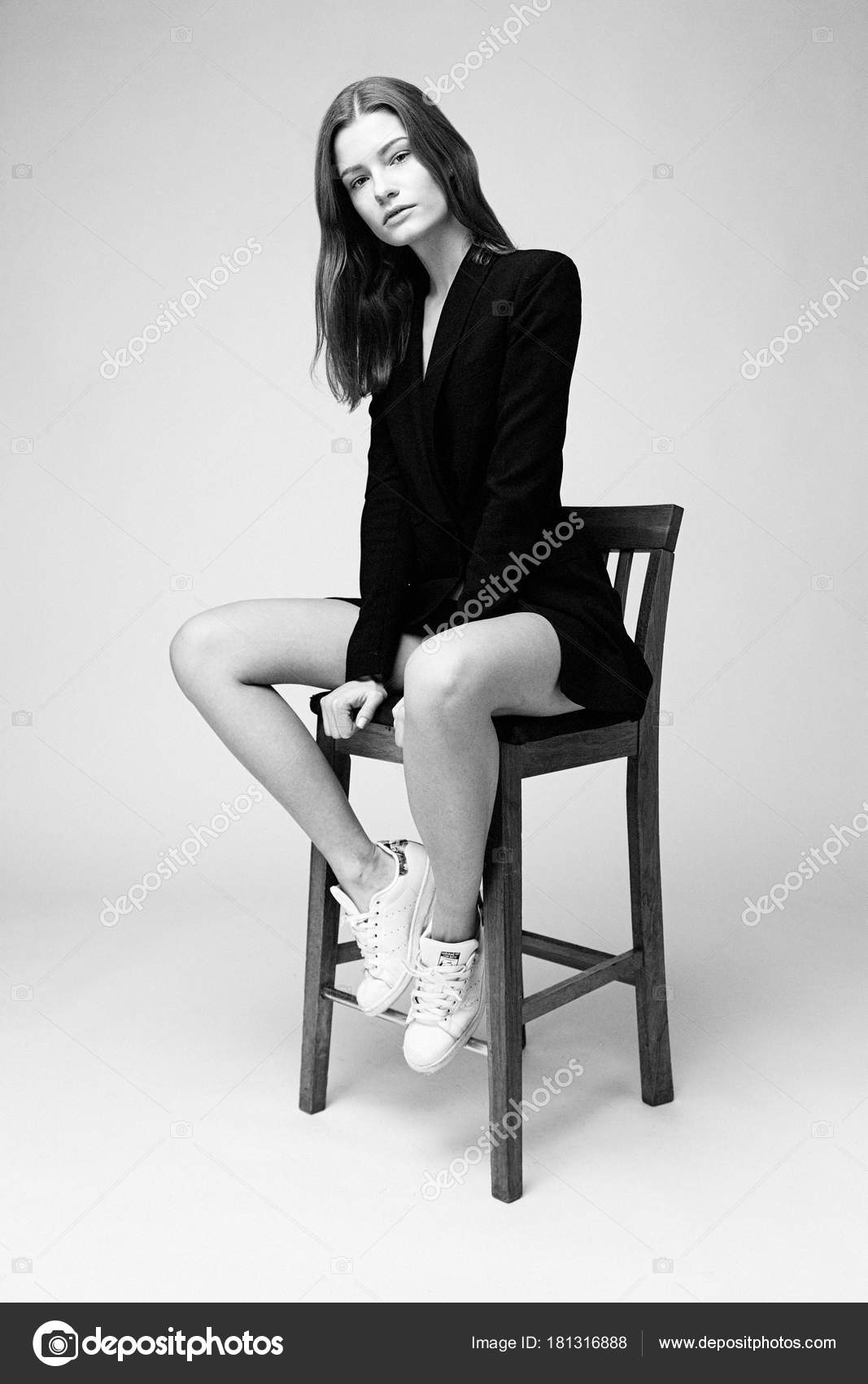 Attractive Fashion Model Sitting Bar Stool Studio Background Stock ...