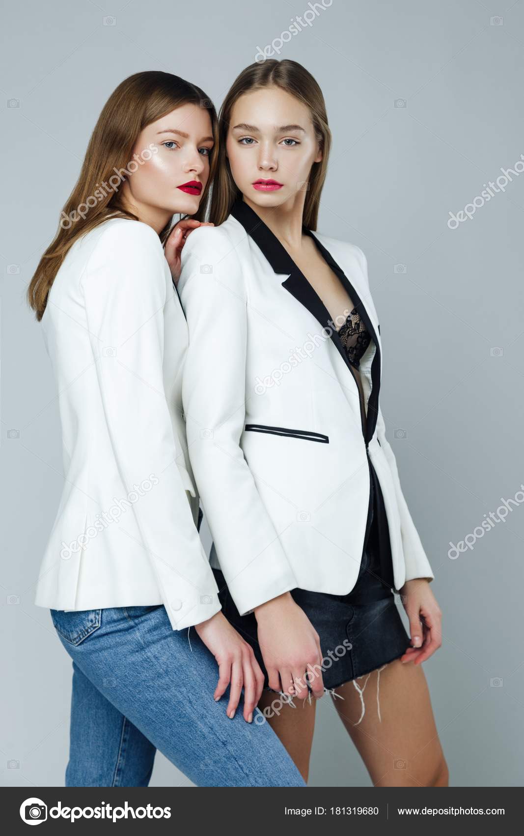 Two Stylish Fashion Models Posing Studio Background Stock Photo by ...