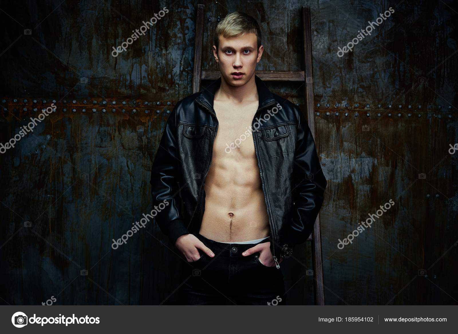Handsome Young Shirtless Man Leather Jacket Posing Stock Photo by ...
