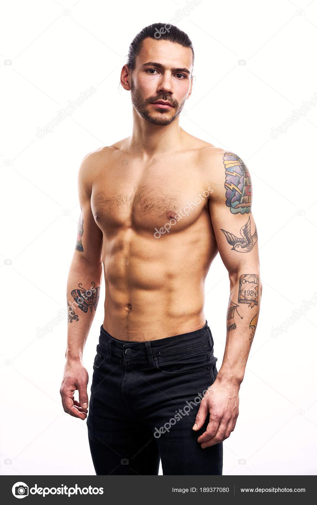 Handsome Young Shirtless Tattooed Man Posing Isolated White Background ...