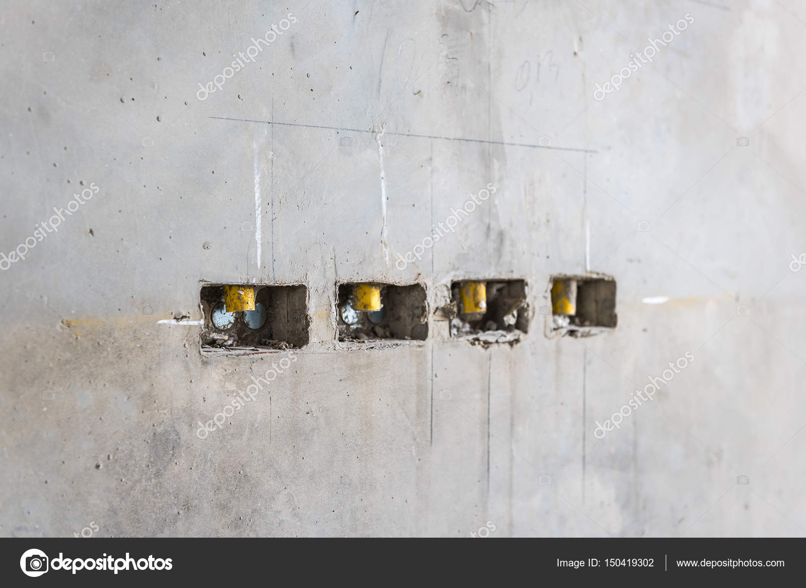 Electrical socket hole on precat concret wall, outlet electric w Stock ...