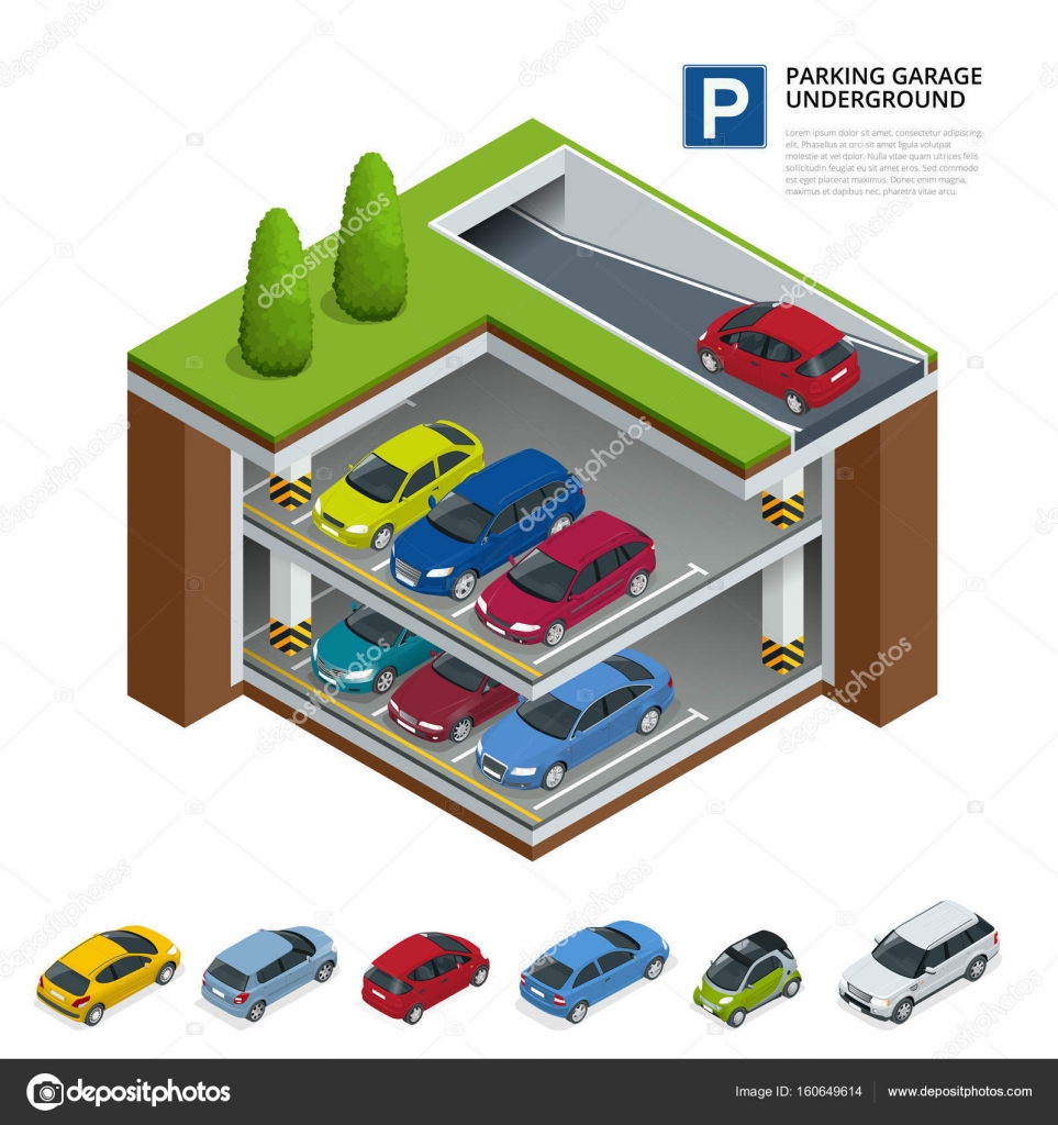 Parking garaje subterráneo. Aparcamiento interior. Servicio de aparcamiento urbano. Ilustración ...