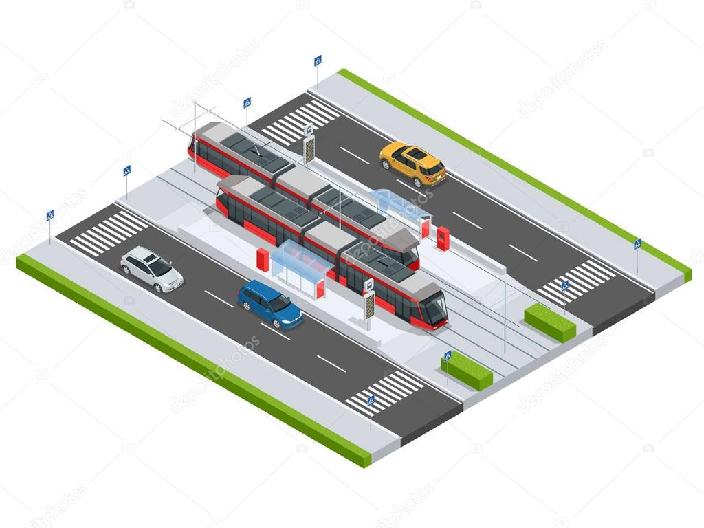 Tranvía moderno en la parada y coches en la carretera Iconos del ... Tranvía moderno en la parada y coches en la carretera Iconos del ...