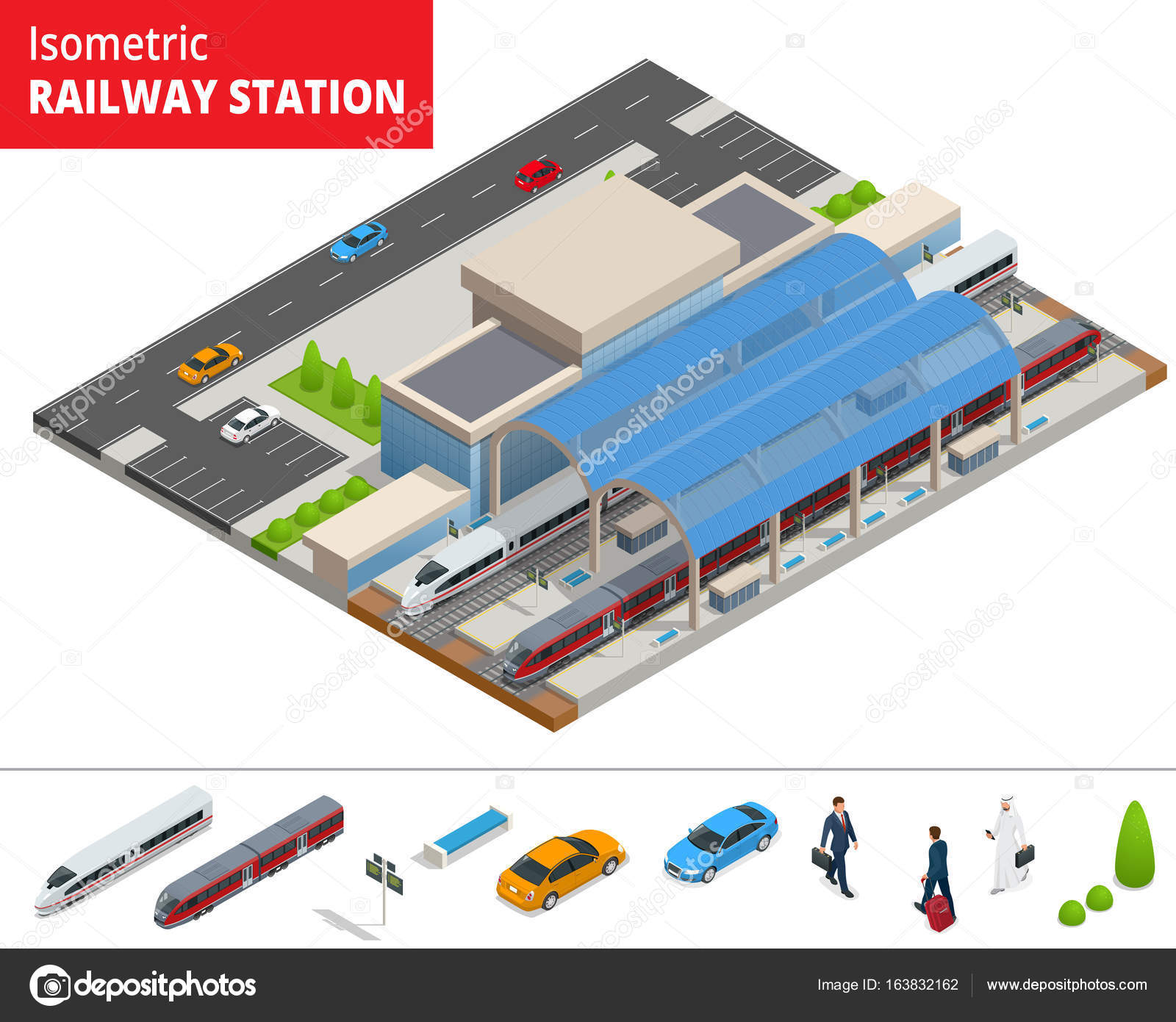 Vector isometric infographic element Railway Station Building Terminal. City Train. Building ...