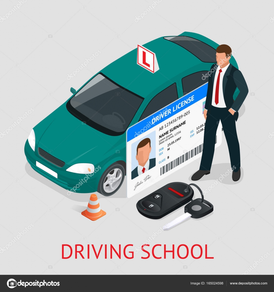 Design concept driving school or learning to drive. Flat isometric ...