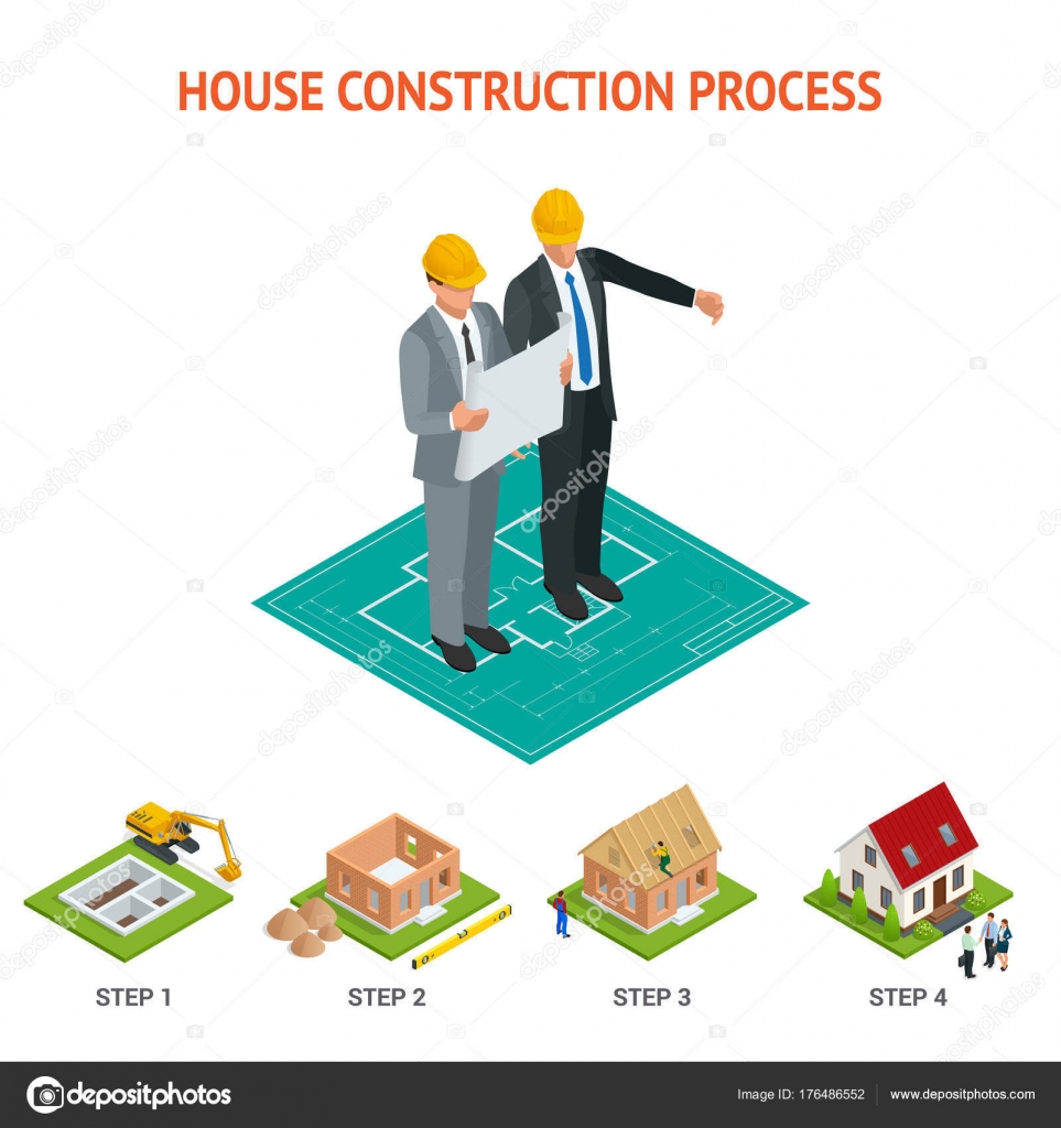Isometric set stage-by-stage construction of a brick house. House ...