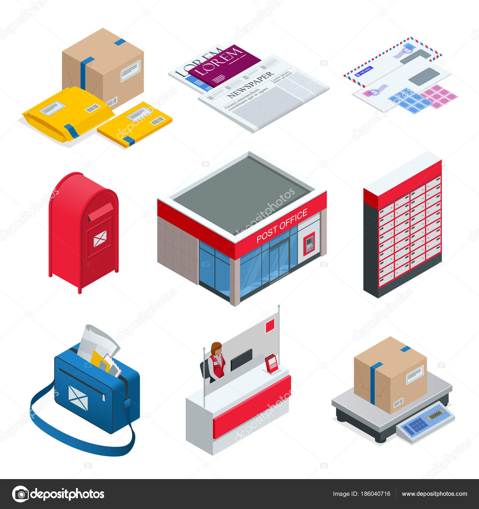 Isometric set of Post Office, Postman, envelope, mailbox and other ...