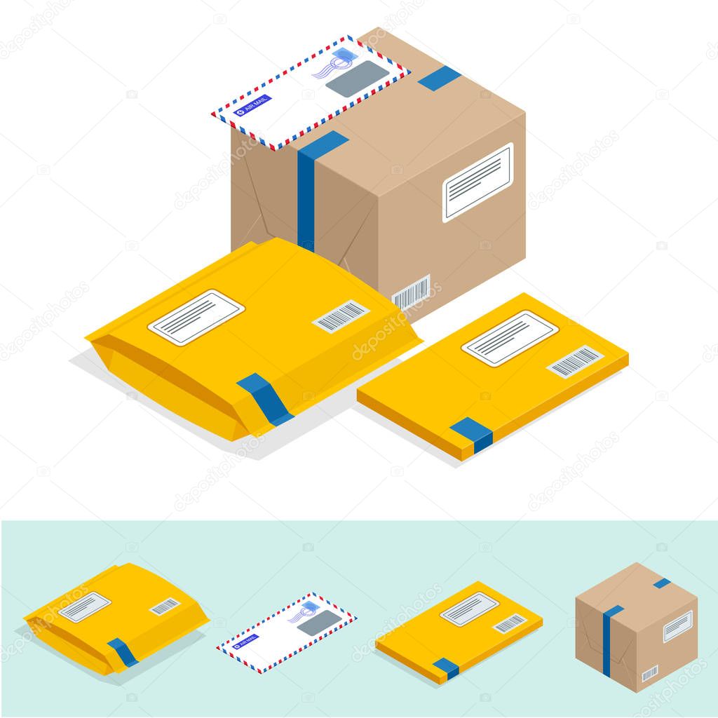 Conjunto isométrico de Correos, atributos del servicio postal, iconos ...