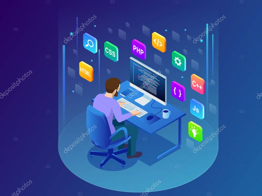 Isométrico Desarrollo de tecnologías de programación y codificación. Joven programador ...