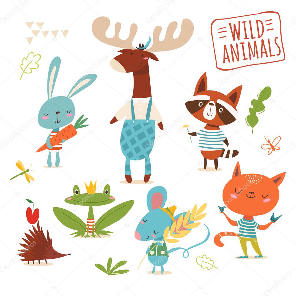 Conjunto de divertidos animales salvajes dibujados a mano. Ideal para ...