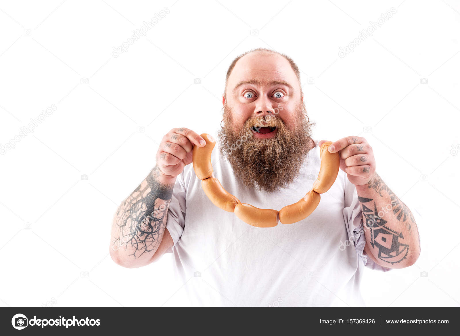 Happy fat man eating meat with enjoyment Stock Photo by ©iakovenko123 ...