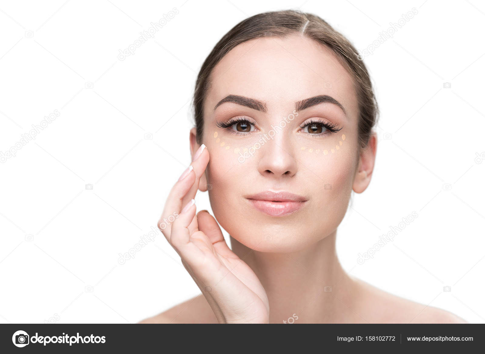 Merry woman doing base make-up — Stock Photo © iakovenko123 #158102772