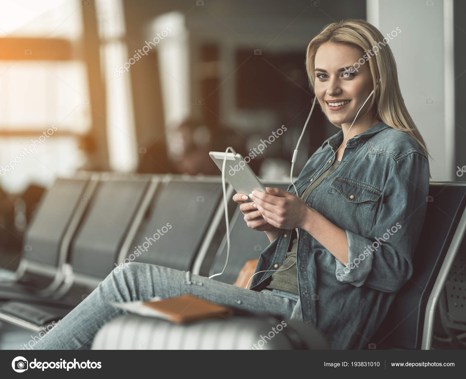 Outgoing lady using electronic tablet Stock Photo by ©iakovenko123 ...