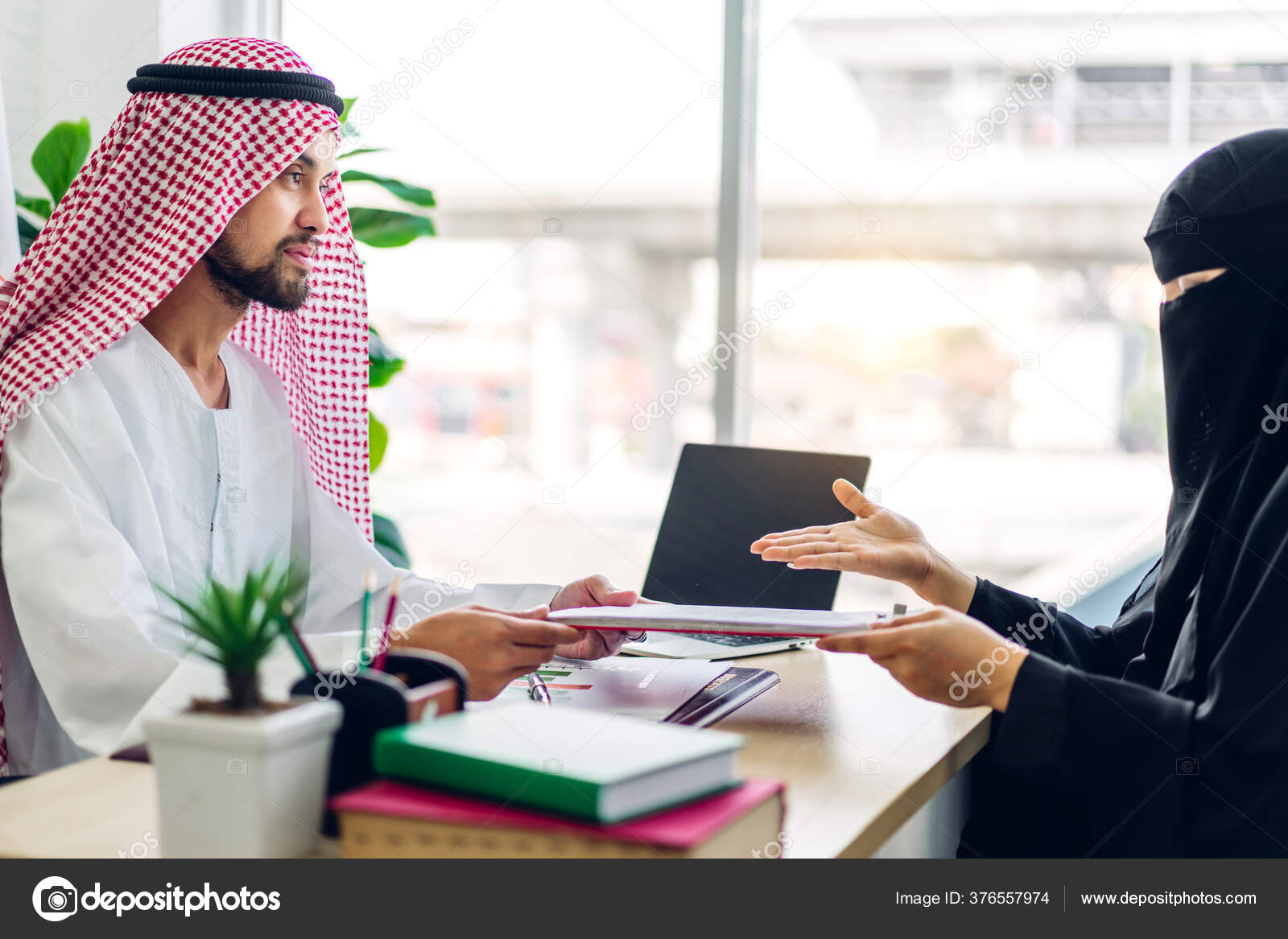 Successful Two Arabic Business People Working Laptop Computer Creative ...