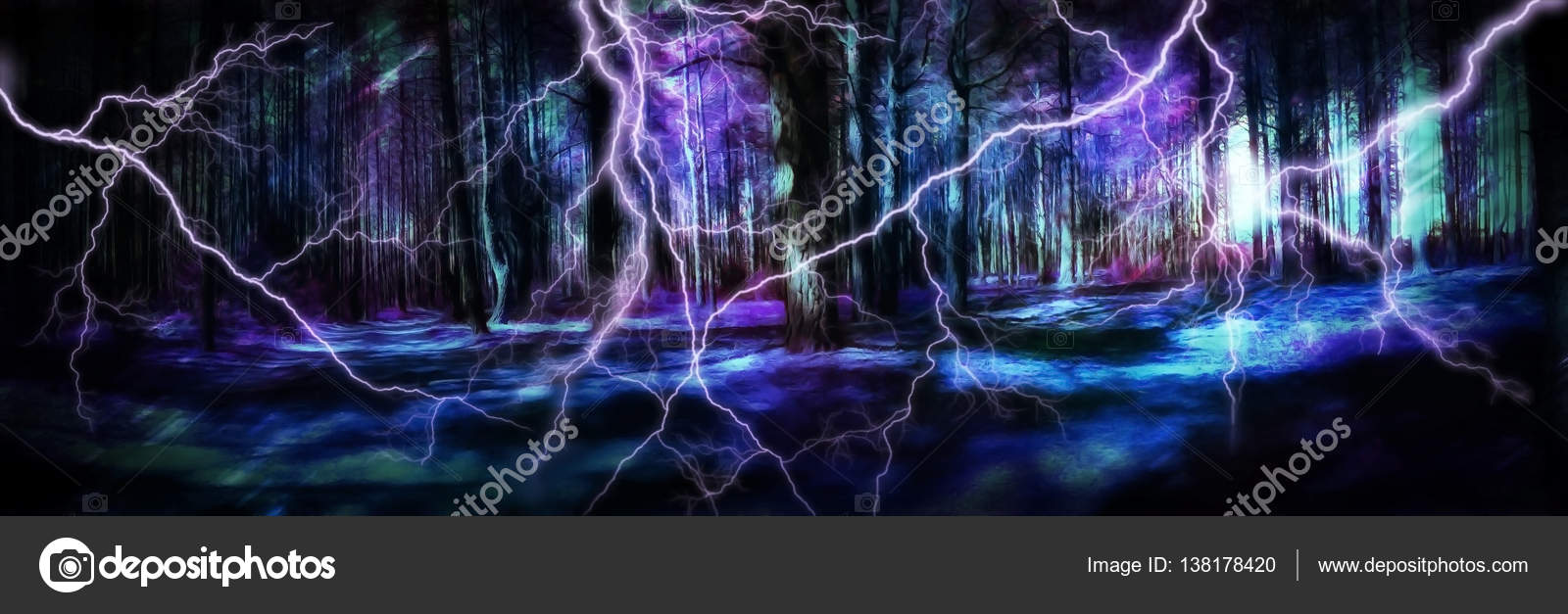 Fantasy illustration magic forest in the storm. Stock Photo by ...