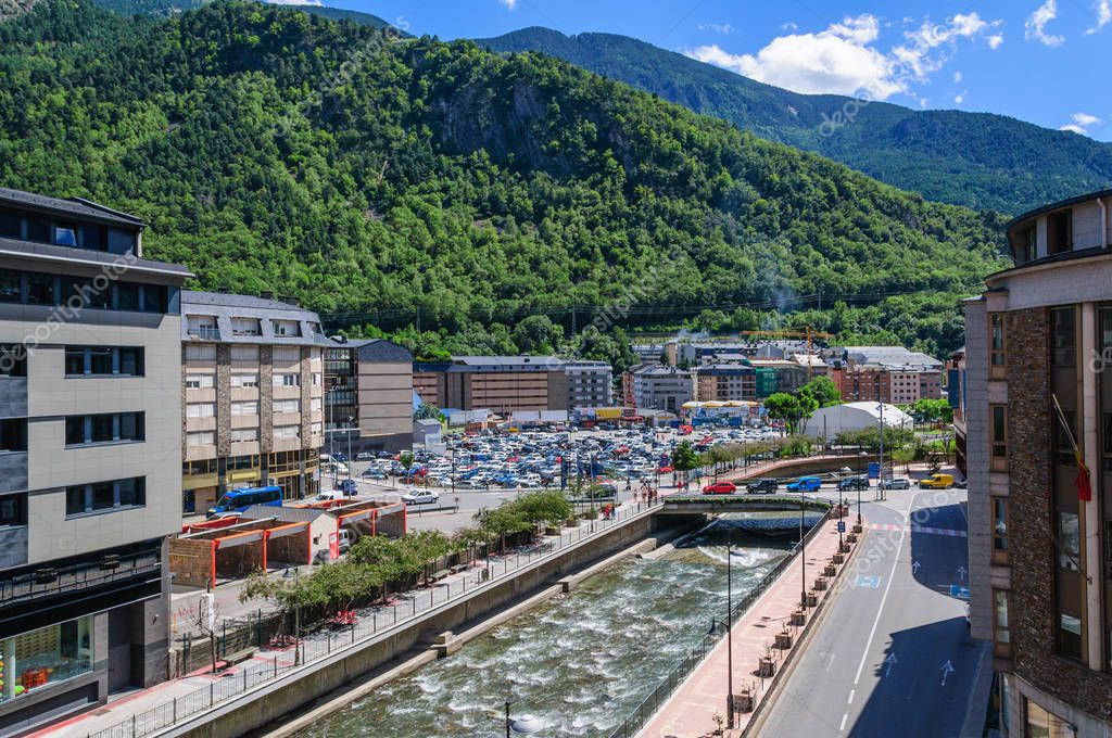 Cityscape the river Valira in Andorra la Vella city. — Stock Photo © A ...