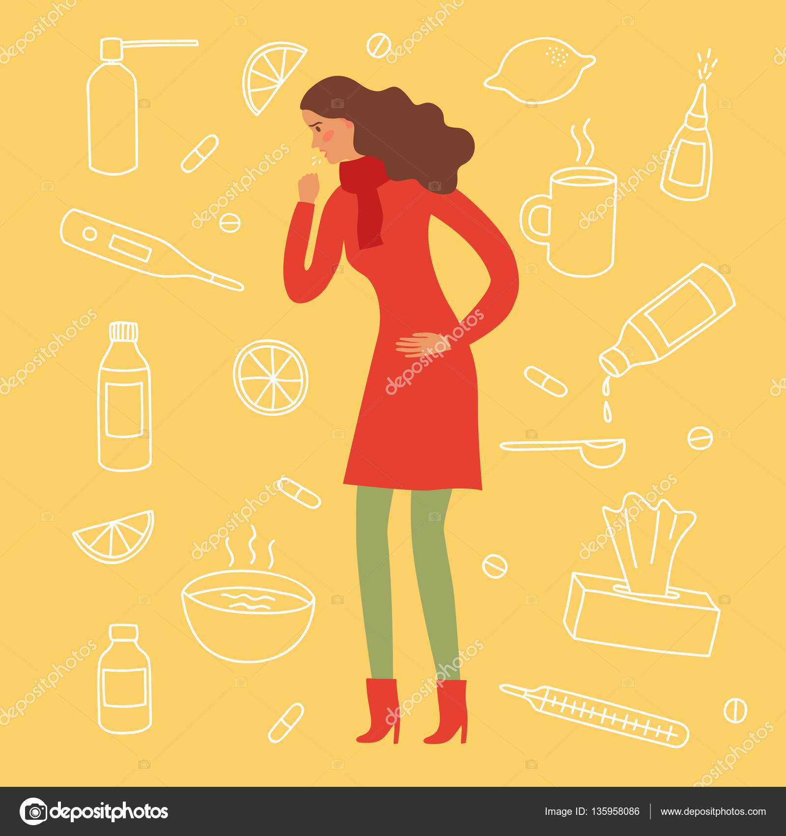 Cartoon lady with flu and cold symtoms Stock Illustration by ©shtonado ...