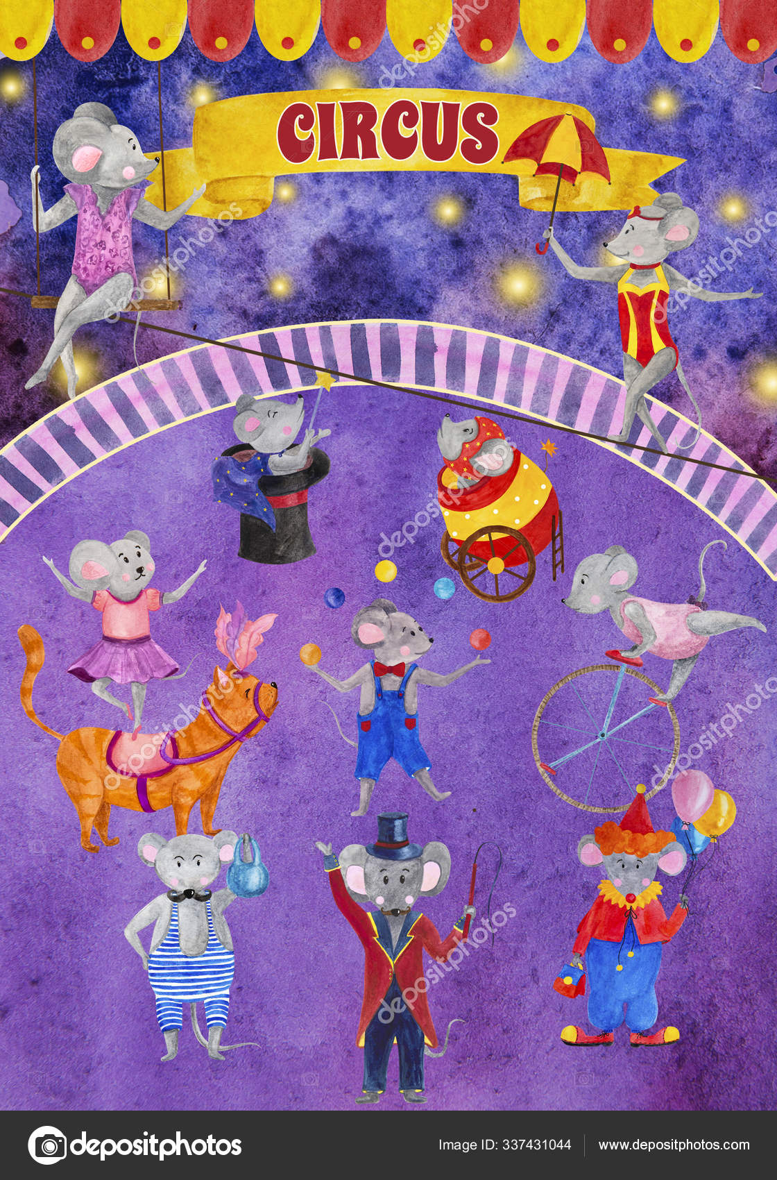 Watercolor illustration of circus with mice Stock Illustration by ...