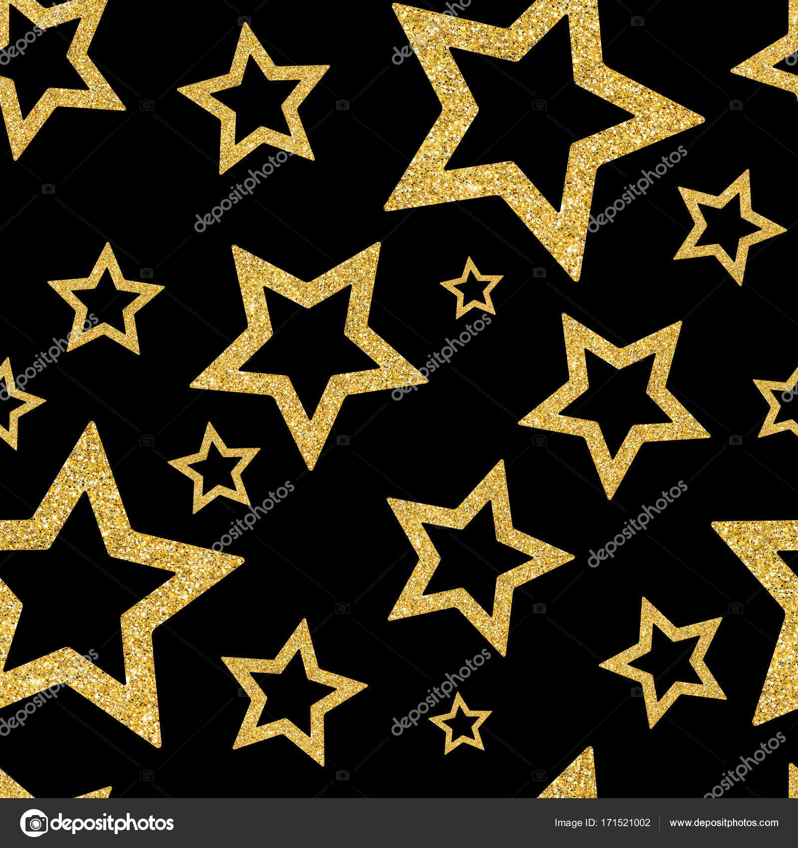 Seamless pattern with gold stars of sequin confetti. Glitter pow ...