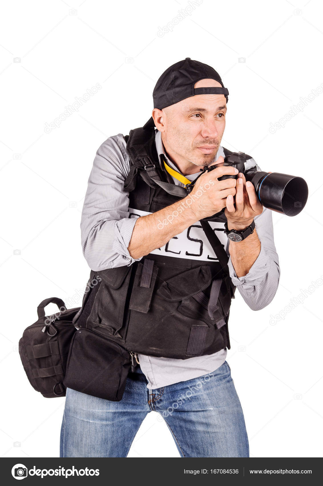Military press photographer with a professional camera. Stock Photo by ...