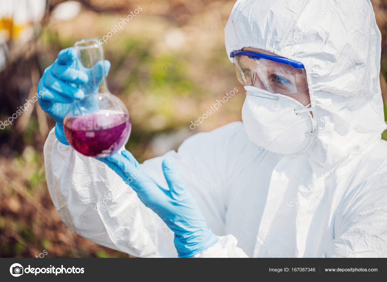 Closeup Female Scientist Examining Liquid Contents Flask Forest Ecology ...