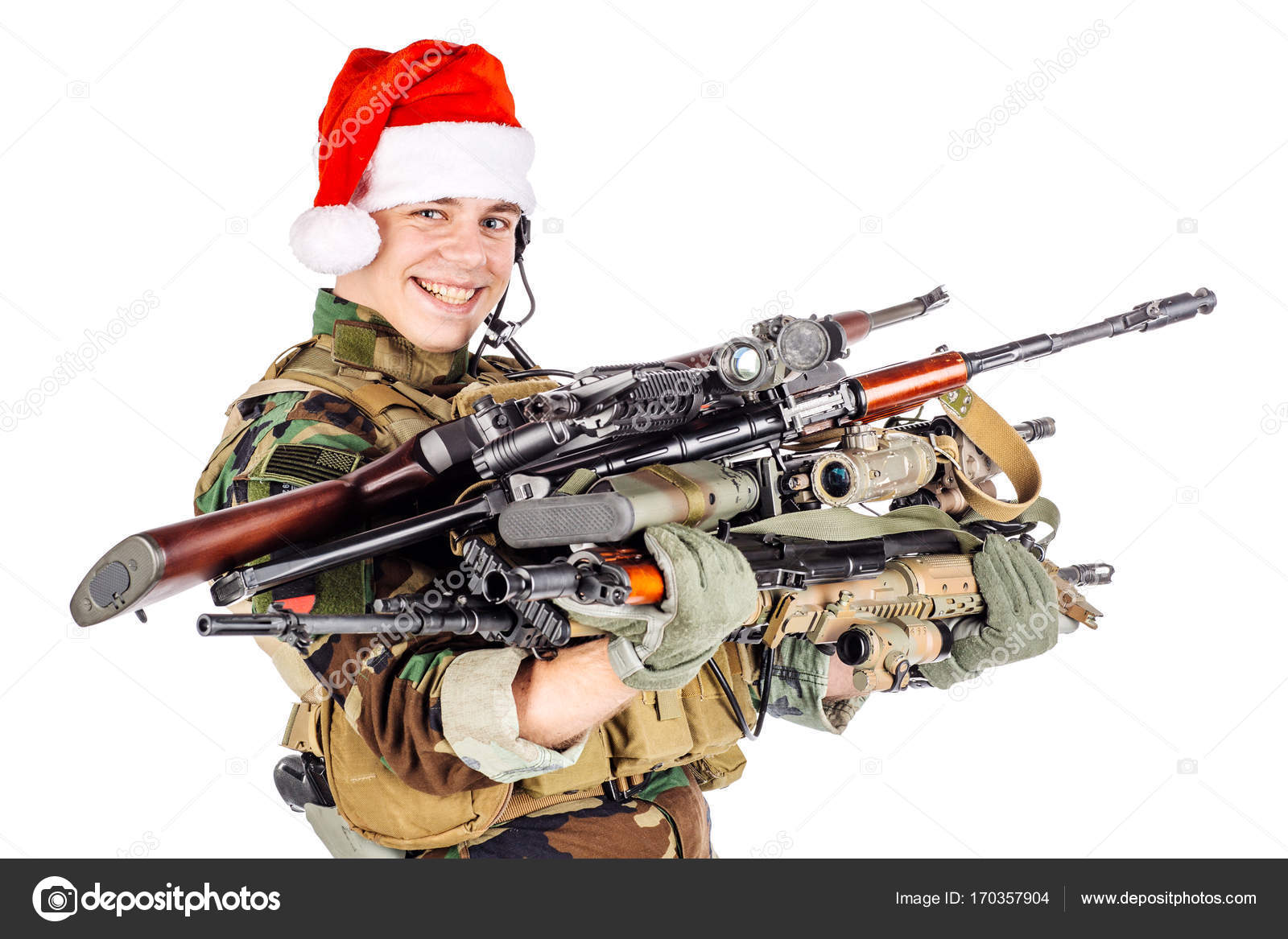 Soldier Rifle Wearing Santa Claus Cup Holding Cardbox Isolated White ...