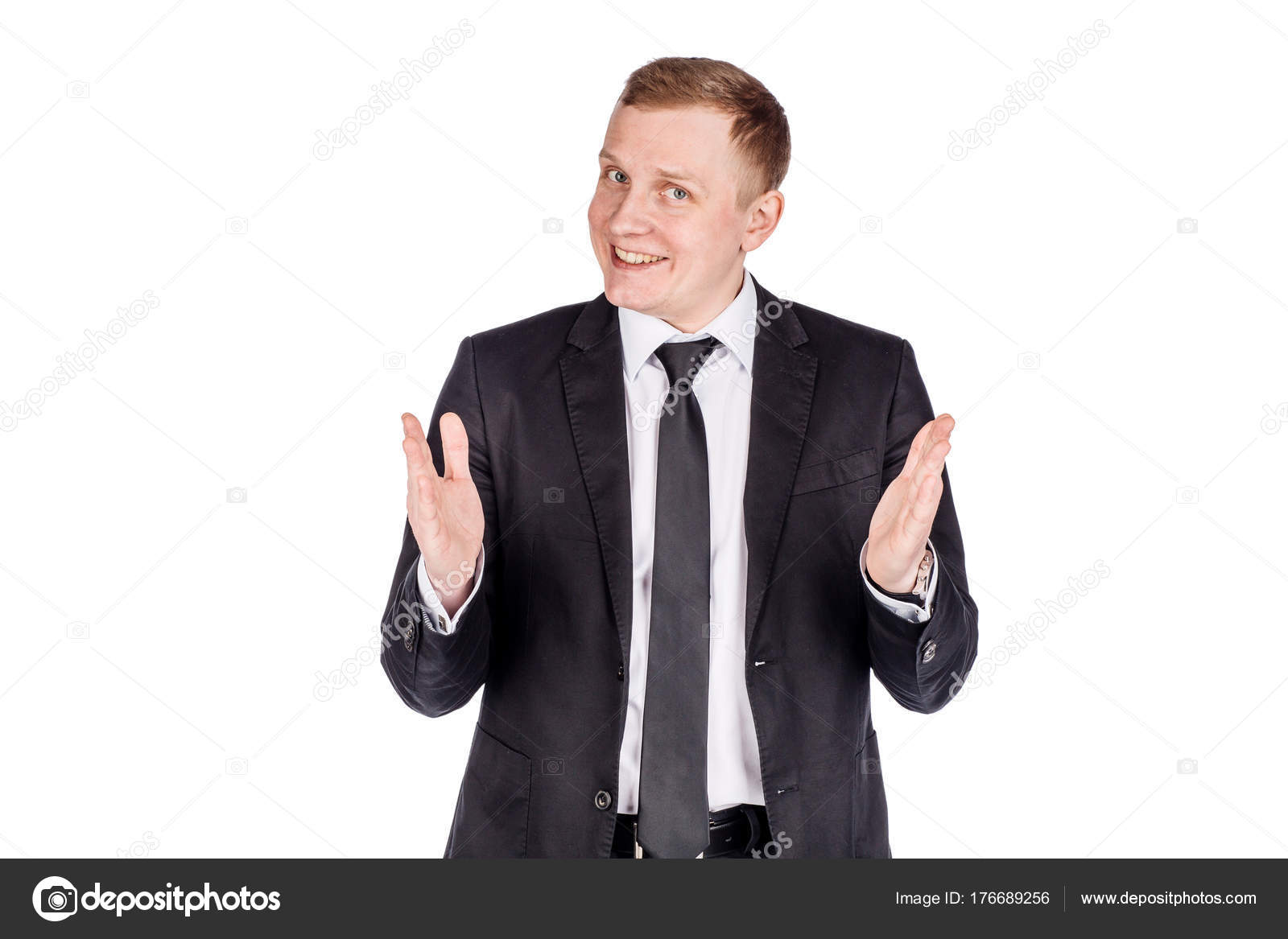 Man holding two hands in front of him and shows the size on whit Stock ...