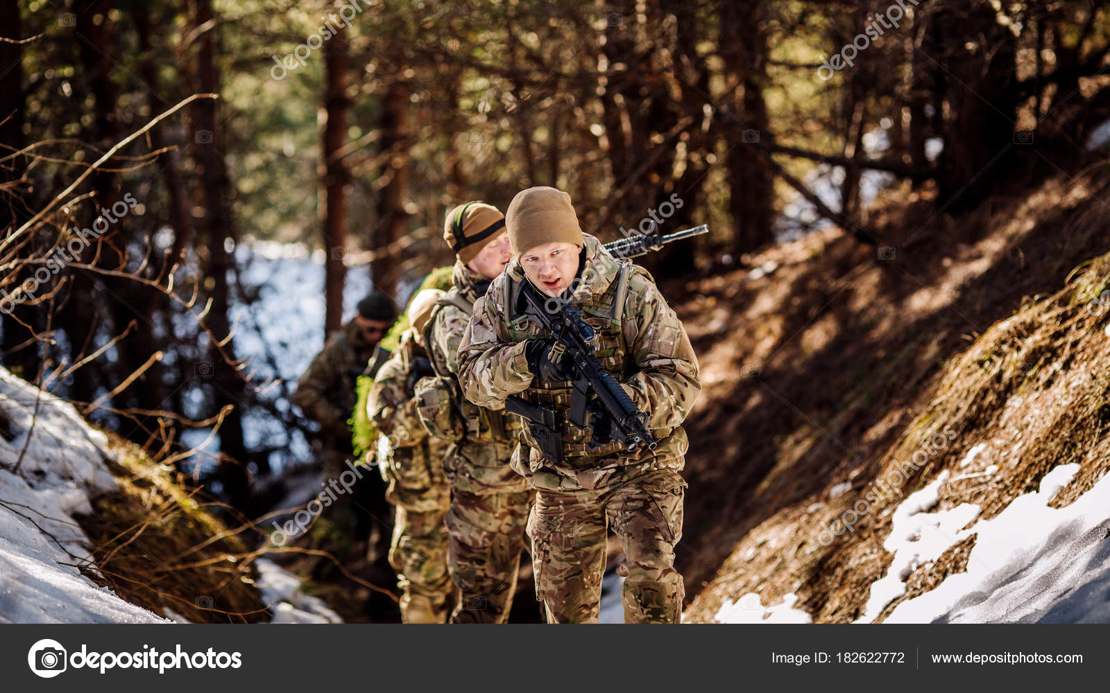 Team of special forces weapons in cold forest. Winter warfare an ...