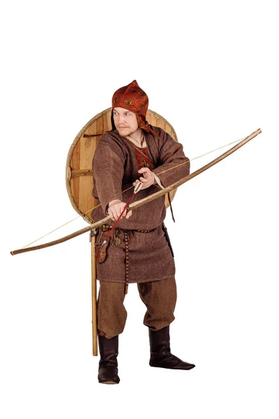 Portrait Medieval Slavic Soldier Holding Bow Arrow Image White Studio ...