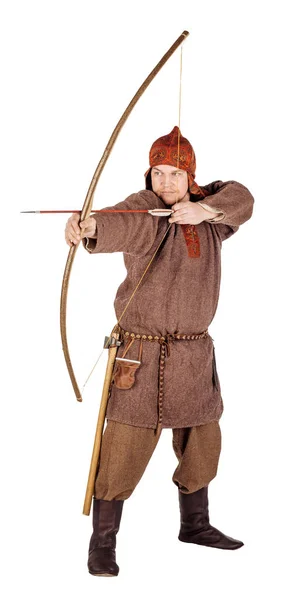 Portrait Medieval Slavic Soldier Holding Bow Arrow Image White Studio ...