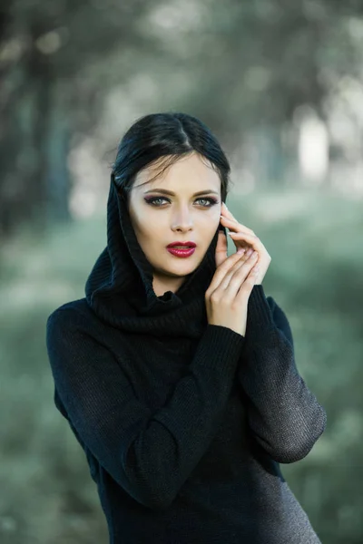 Portrait Girl Pulling Her Trendy Sweater Head Having Fun Outdoor Stock ...