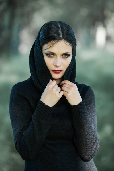 Portrait Girl Pulling Her Trendy Sweater Head Having Fun Outdoor Stock ...