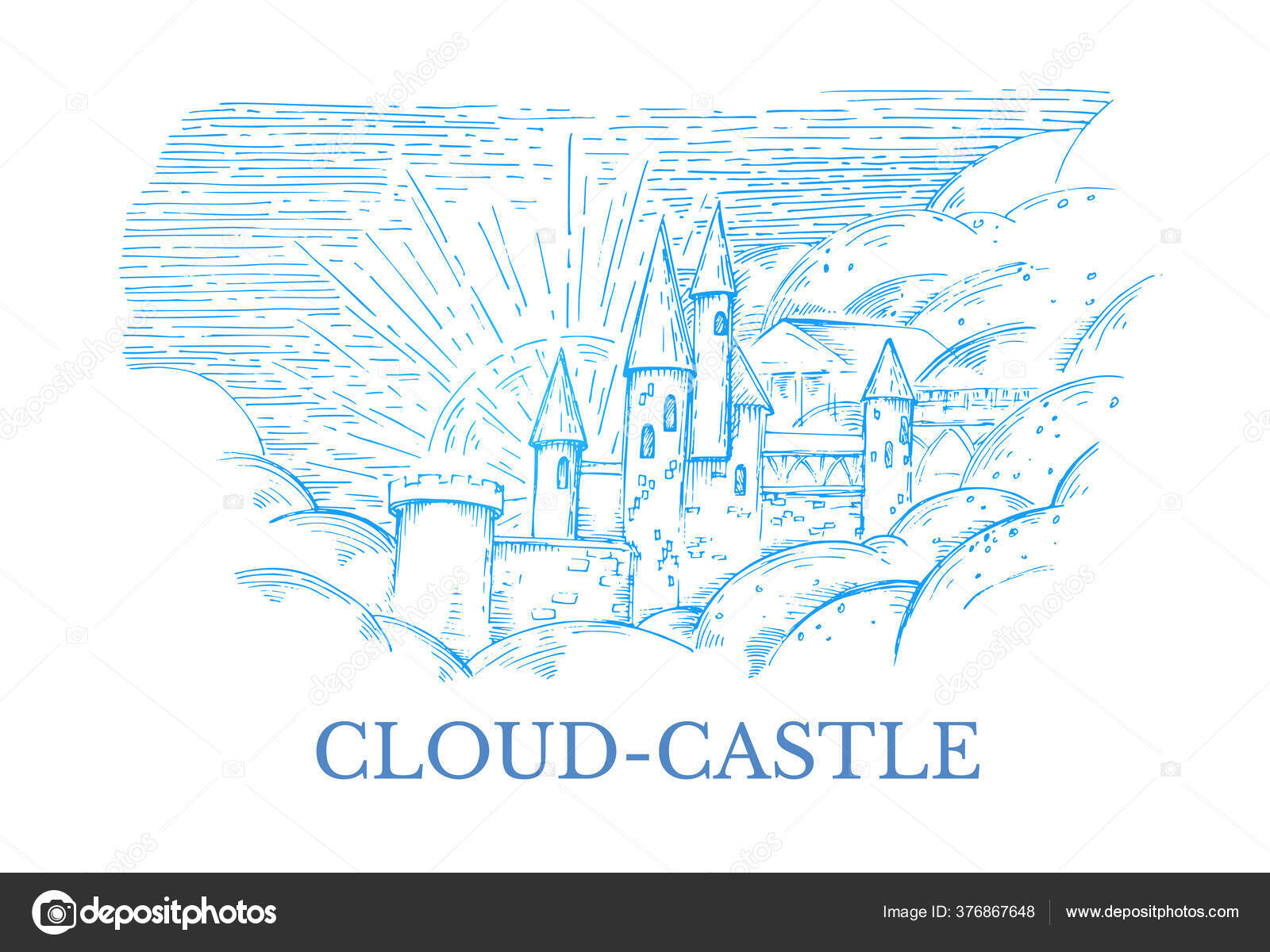 Vector image of a stone castle in heaven with blue hatching with the ...