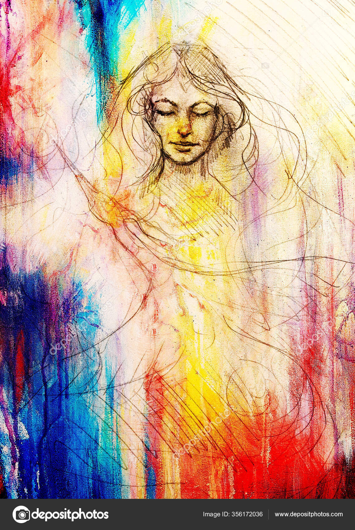 Drawing Beautiful Contemplative Woman Face Flying Phoenix Bird Abstract ...