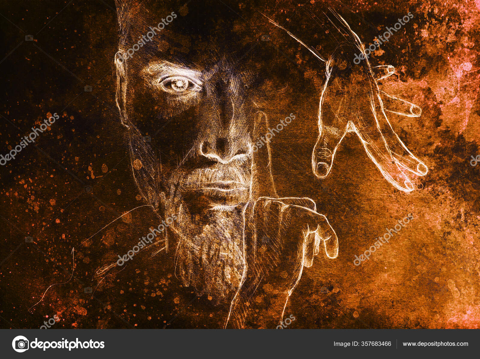 Hombre Místico Manos Dibujo Lápiz Sobre Papel Viejo Efecto Color — Foto ...