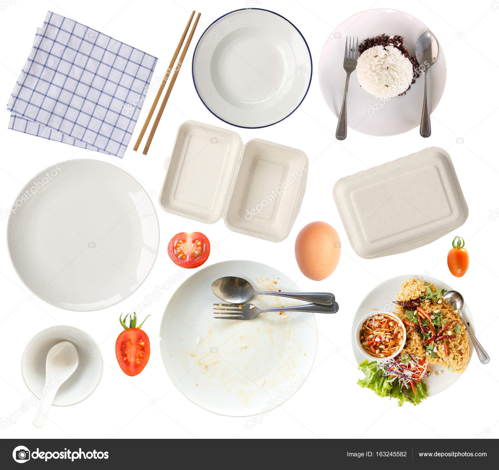 Isolated of Food container, Tableware and some food top view set Stock ...