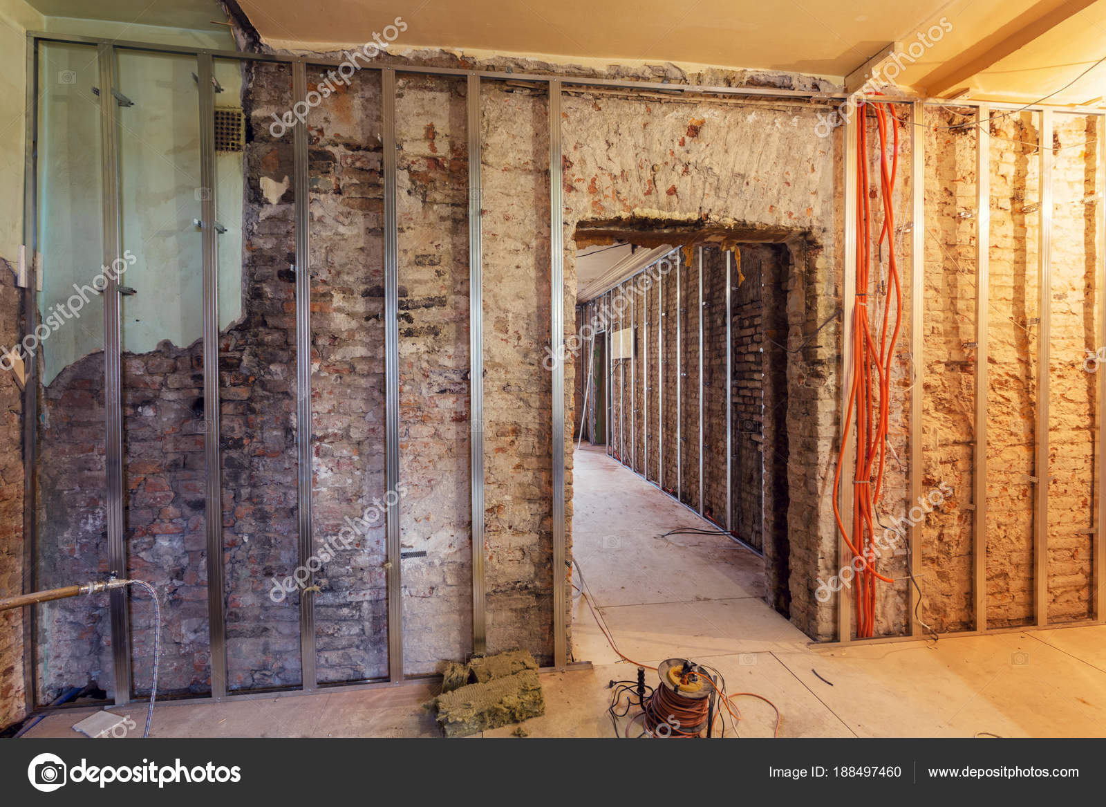 Working process of install of frames for plasterboard in an apartment ...