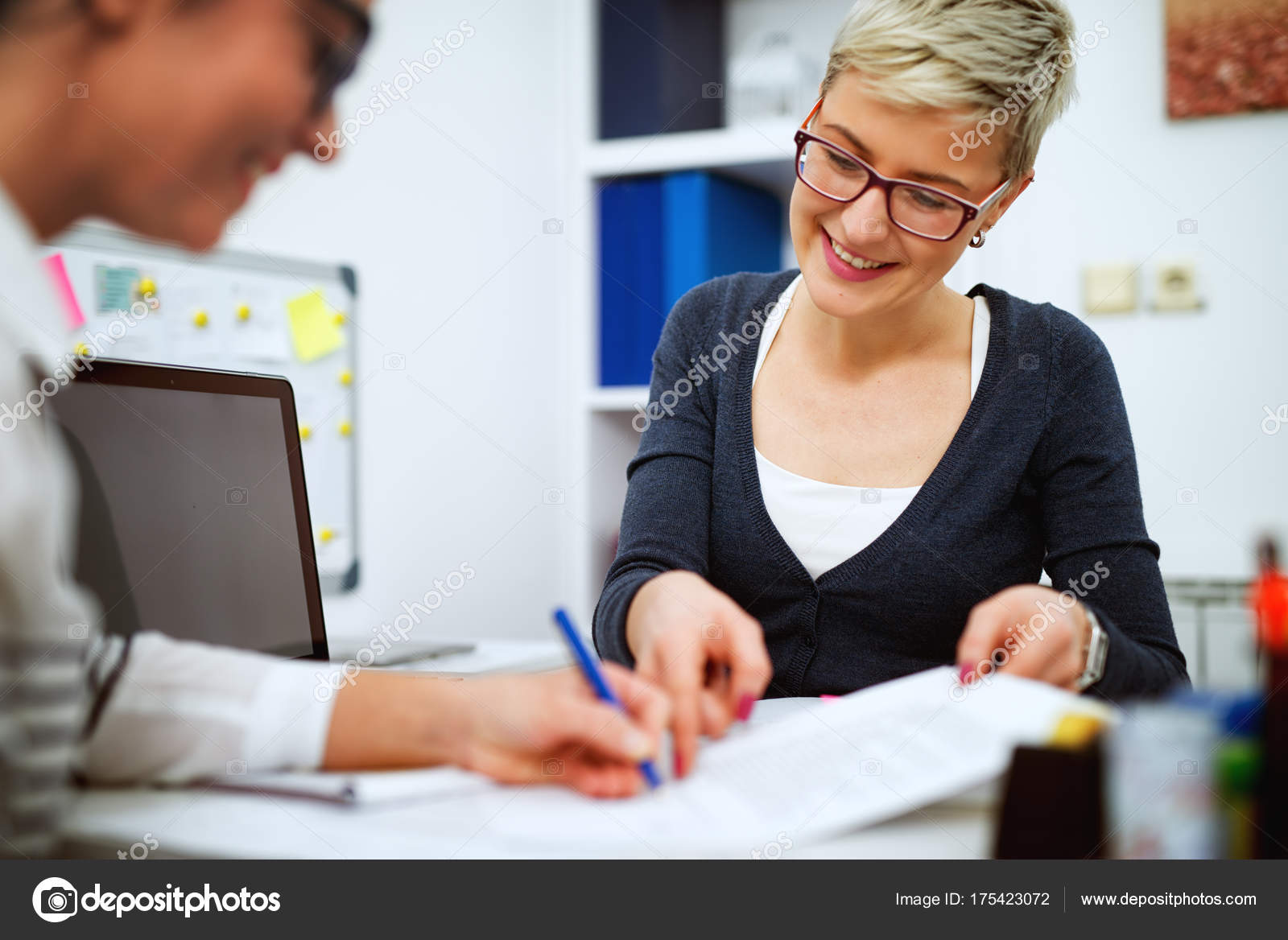 Smiling Attractive Financial Assistant Sitting Front Female Customer ...