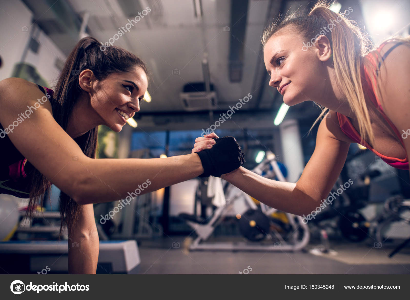 Two Young Attractive Women Doing Push Ups Gym Holding Hands — Stock ...