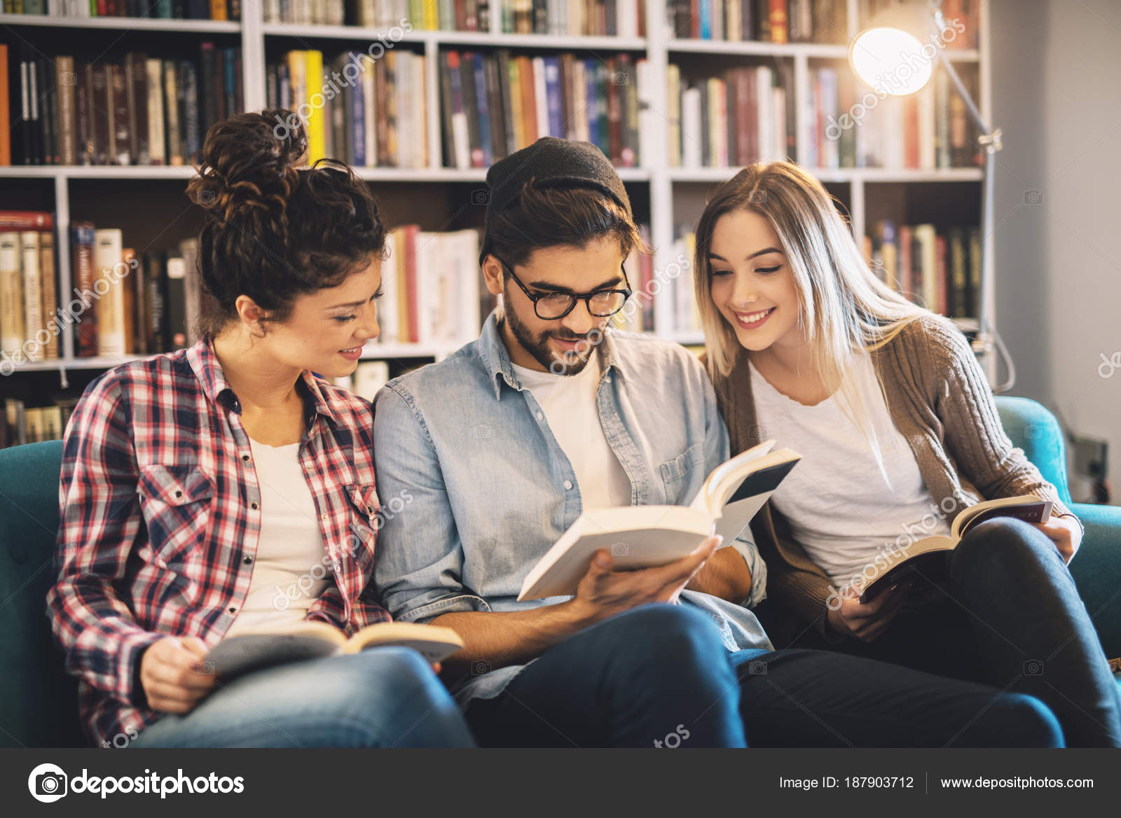 Concept Education Library Students Teamwork Three Happy Young Friends ...