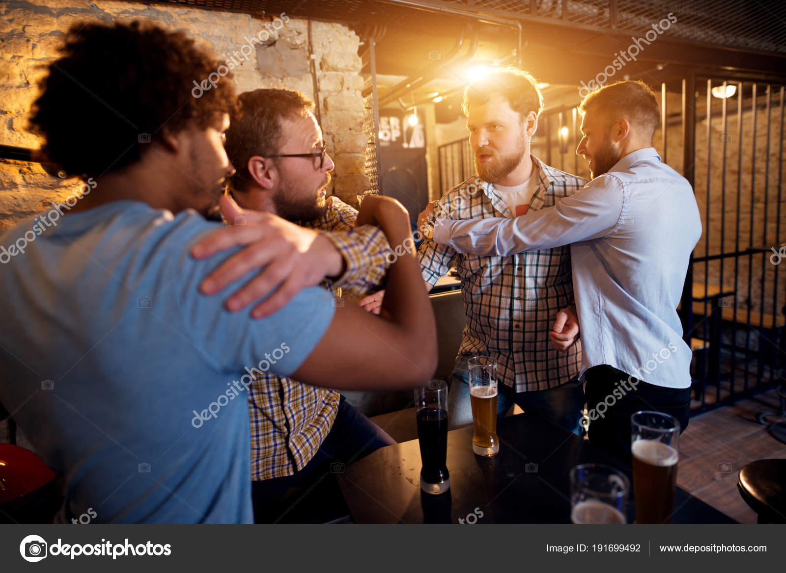Friends Preventing Fighting Two Angry Guys Bar — Stock Photo ...