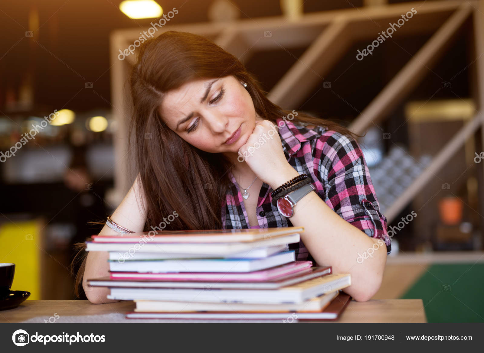 Young Stressed Female Student Sitting Stack Books Stock Photo by ...
