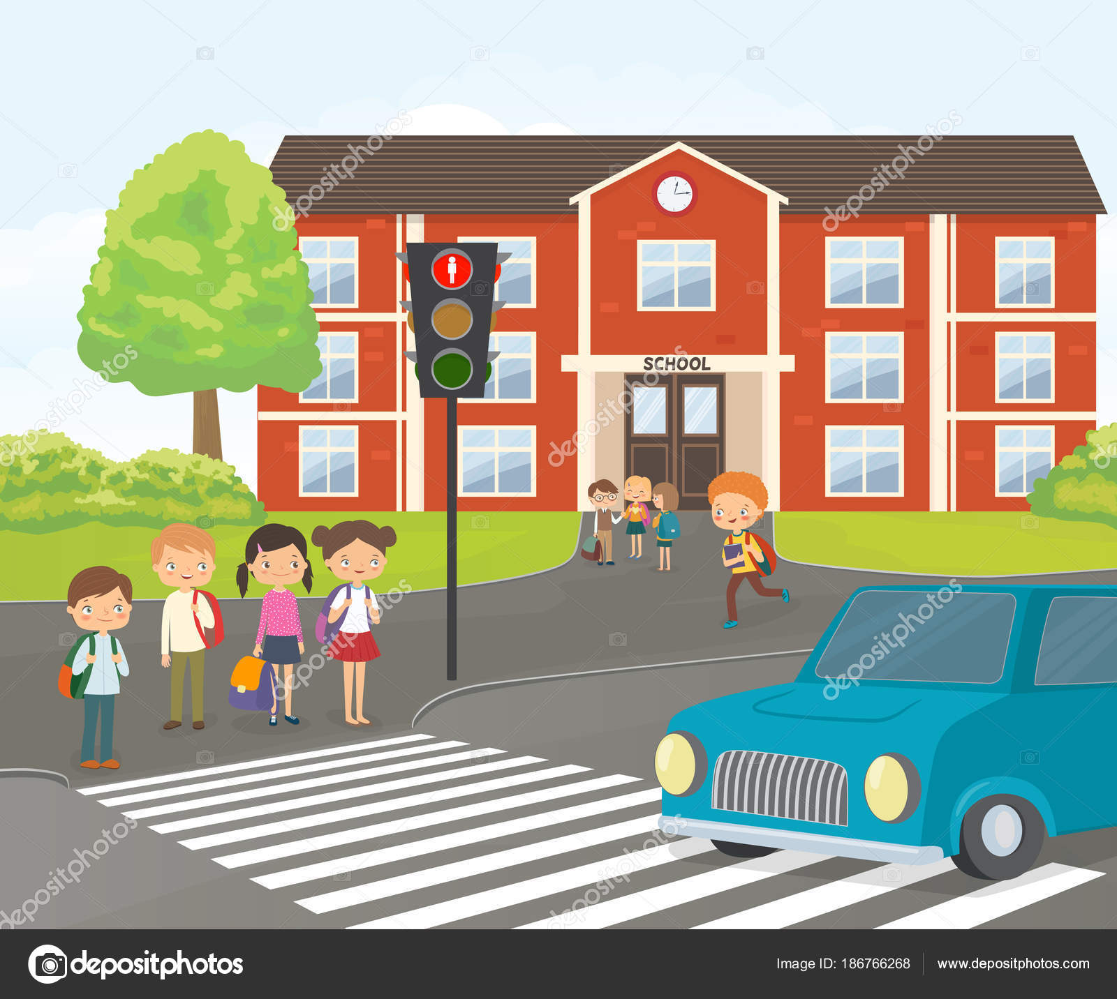 Children wait for a green traffic light signal to cross the road ... Children wait for a green traffic light signal to cross the road ...