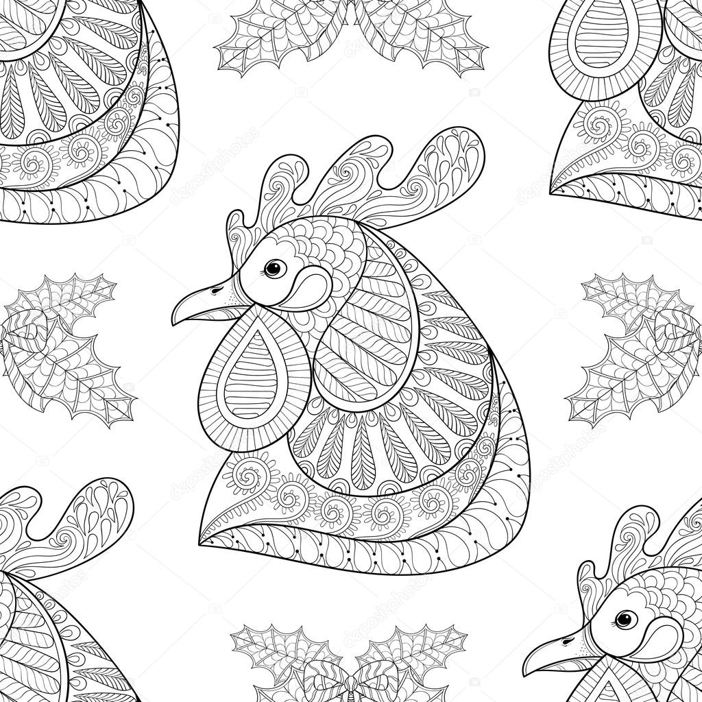 Zentangle Cartoon rooster with mistletoe seamless pattern. Hand Stock ...