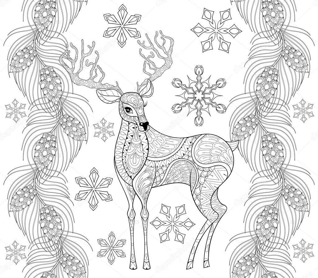 Zentangle reindeer with snowflakes, fir, pine branch seamless fr Stock ...
