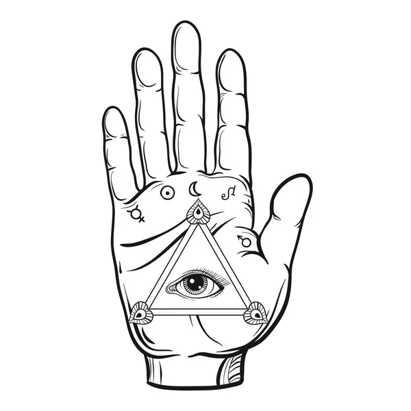 Fortune Teller Hand with Palmistry diagram, handdrawn all seeing ...