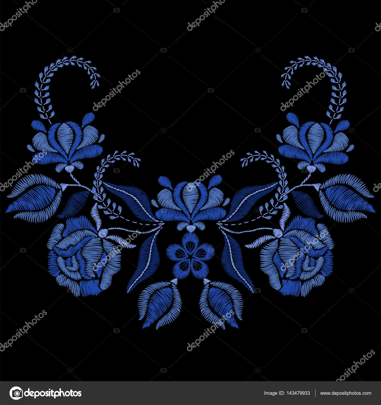Embroidery with blue flowers, roses. Necklace for fabric, textil Stock ...