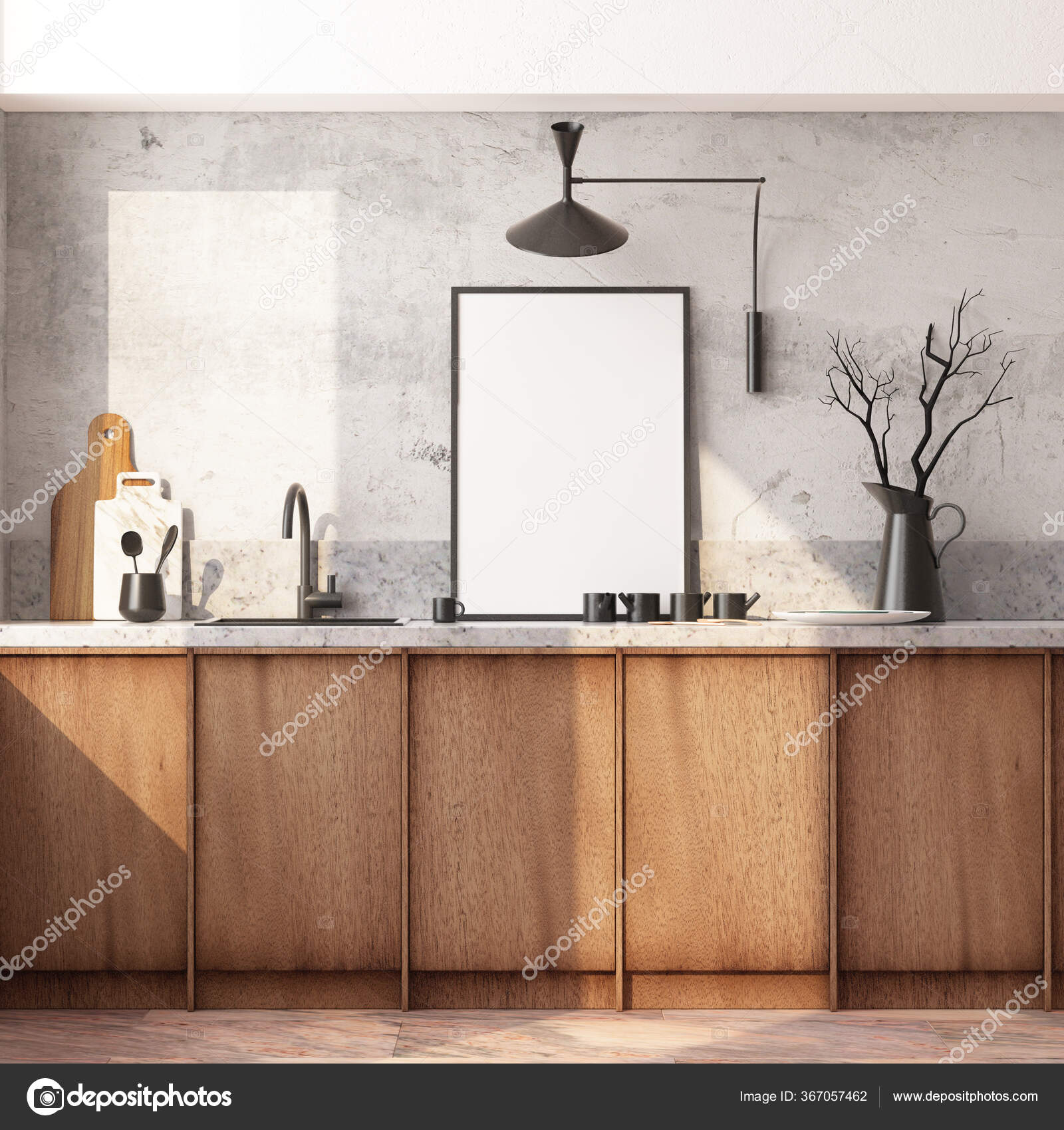Rendering Wooden Modern Kitchen Interior Scandinavian Style — Stock ...