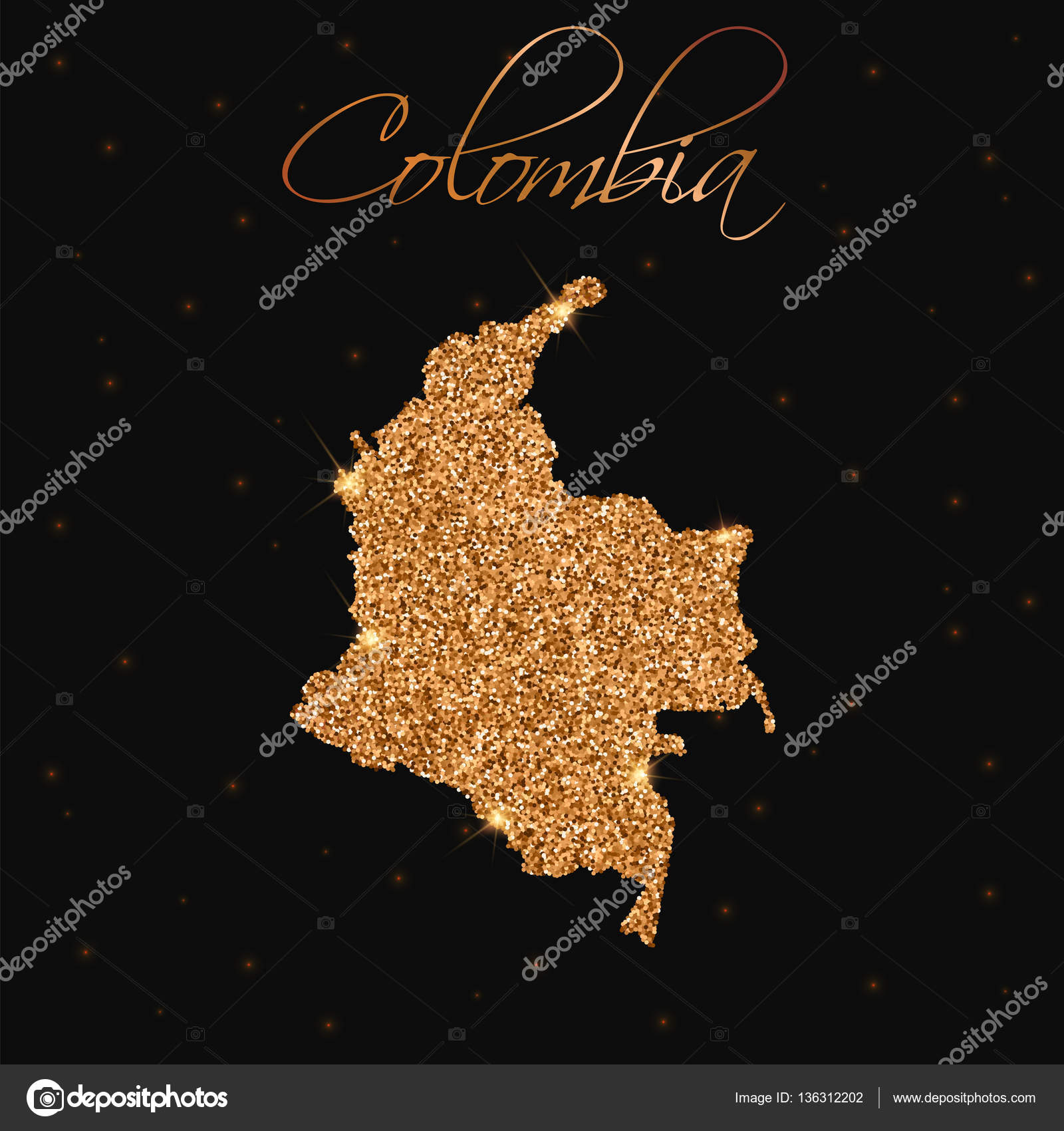 Colombia map filled with golden glitter Luxurious design element vector ...